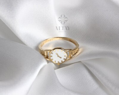 14K Gold Watch Ring, Round Clock Ring, Dainty Ring, Personalized Ring ...