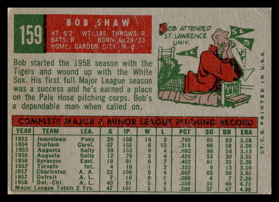 1959 Topps Bob Shaw #159 Chicago White Sox Baseball Card | eBay