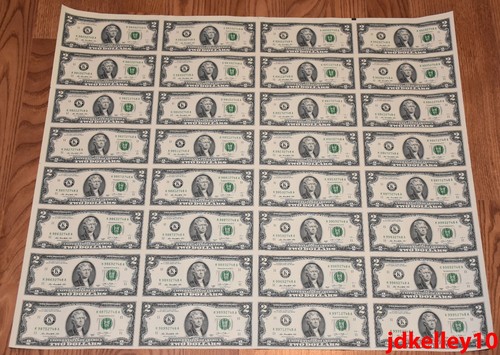 $2 UNCUT SHEET TWO DOLLAR BILLS $2x32 2013 UNITED STATES CURRENCY MONEY ...