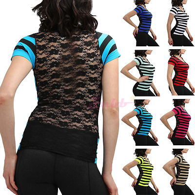 Women Stripe Tops Floral Lace Back T-Shirt Slim Fit Mesh Tee Shirt ...