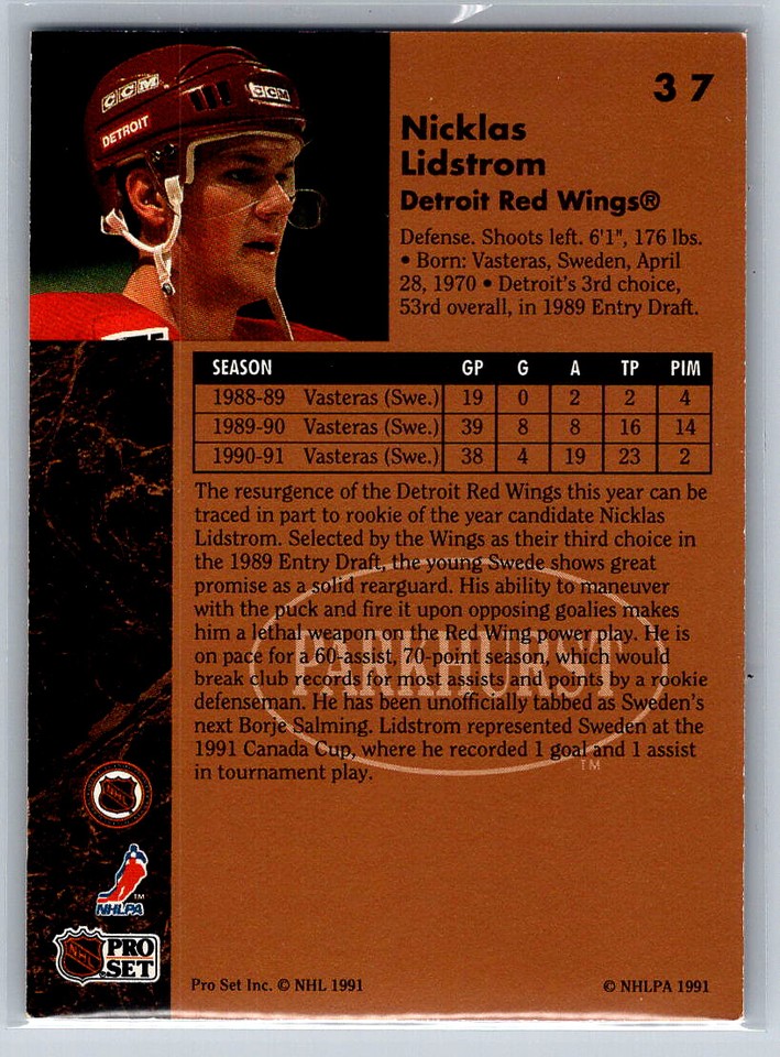 #37 Nicklas Lidstrom Rookie Detroit Red Wings 1991-92 Parkhurst ERR ...