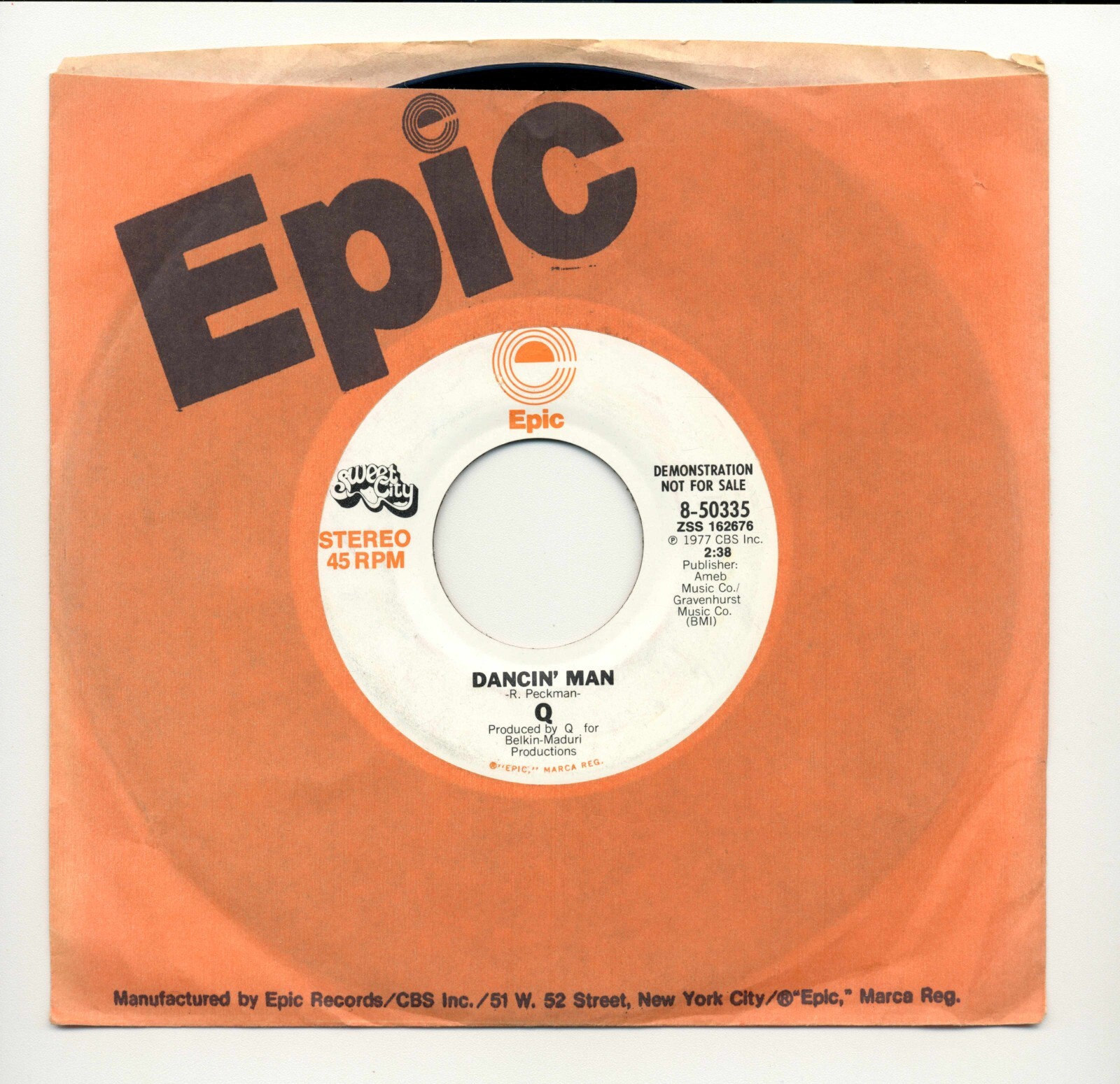 Q - DANCIN' MAN / PROMO 7" 45 RPM VINYL SINGLE / 1977 EPIC/SWEET CITY 8 ...