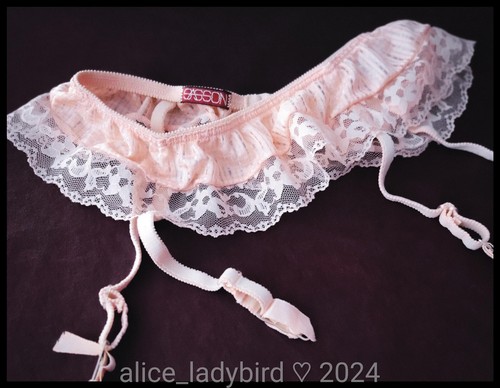 Vintage 80s SASSON Ruffle GARTER BELT Sheer LACE Satin Stripe Floral ~L ...
