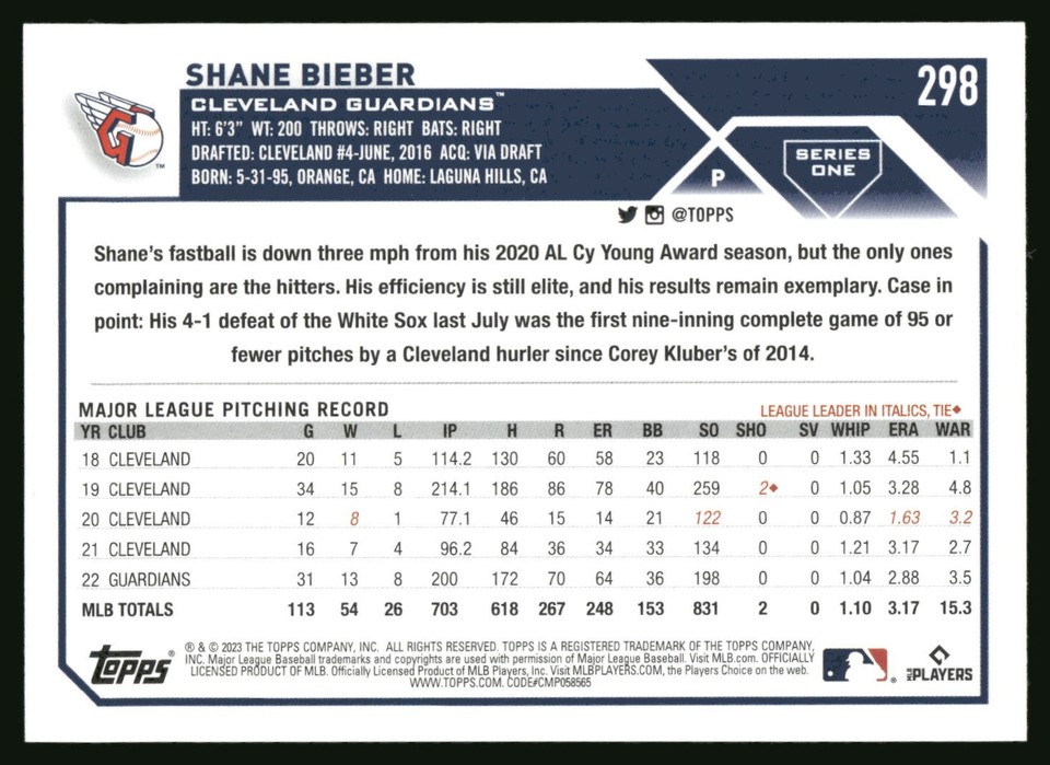 2023 Topps #118 Shane Bieber MLB Baseball | eBay