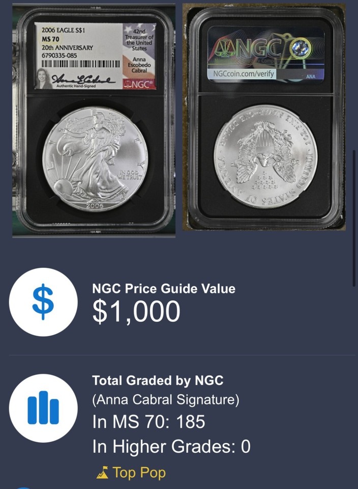 2006 AMERICAN SILVER EAGLE NGC MS70 ANNA CABRAL SIGNED BEAUTIFUL COIN ...