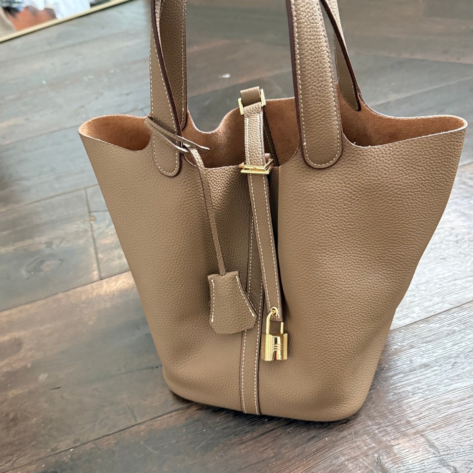 Luxury Leather Bucket Bag Taupe Gold Lock Detachable Pouch Top Handle ...