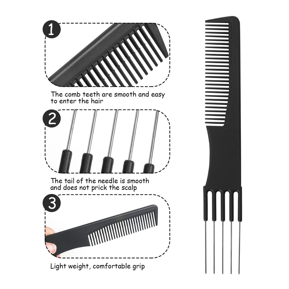 Black Carbon Lift Teasing Combs with Metal Prong Anti-static Carbon ...
