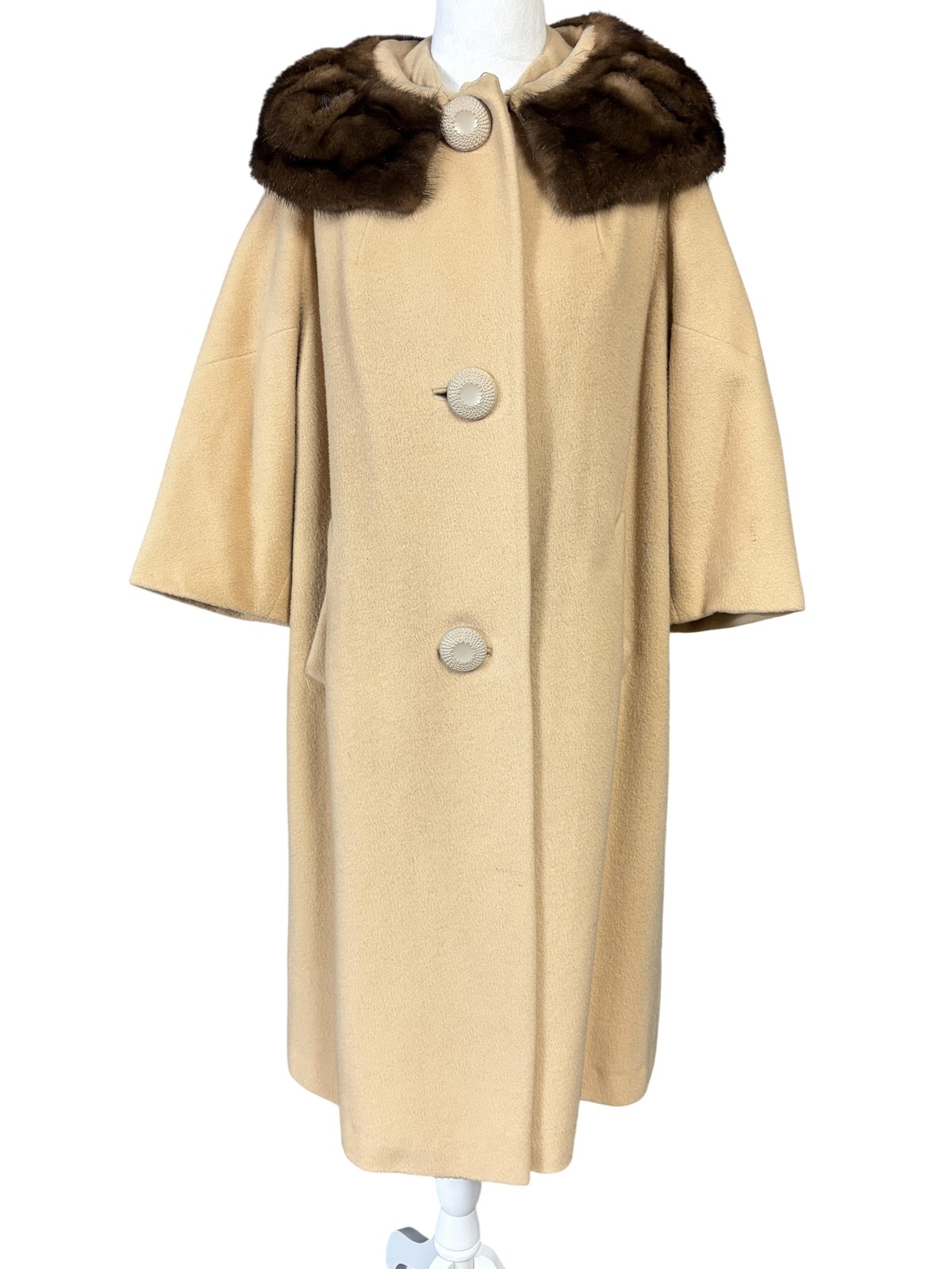 Vintage Stroock Wool Swing Coat Womens Camel Mink Fur… - Gem