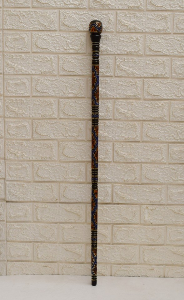 Handmade Ebony Wood Walking Cane: Lapis and Amber Inlay Round Handle ...