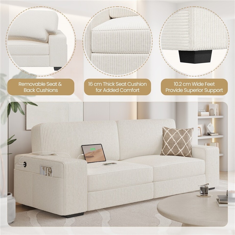 Modern Corduroy Fabric Sofa Couch with Side Storage Pockets, USB ...