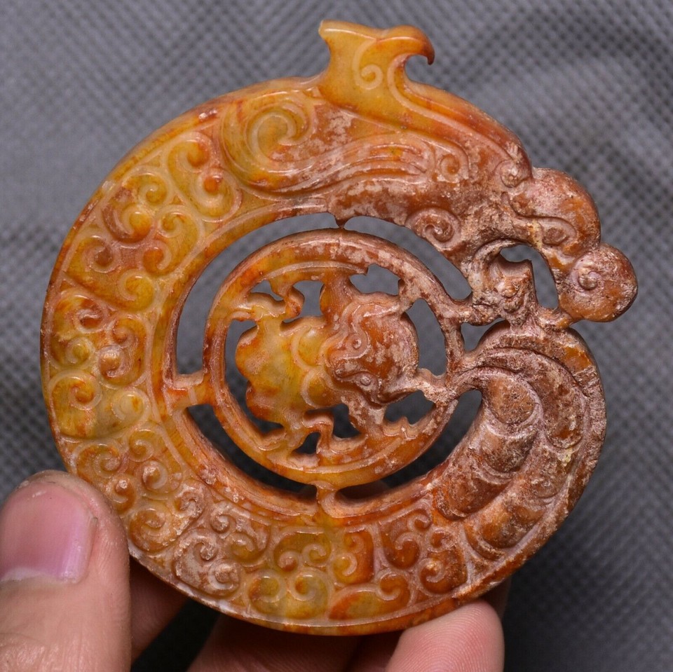 7CM China Old Jade Hand Carving Fengshui Dragon Hollow YuBi Bi Amulet ...