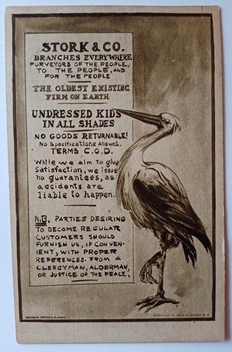 Humor Stork & Co Undressed Kids in All Shades Baby Announcement Antique ...