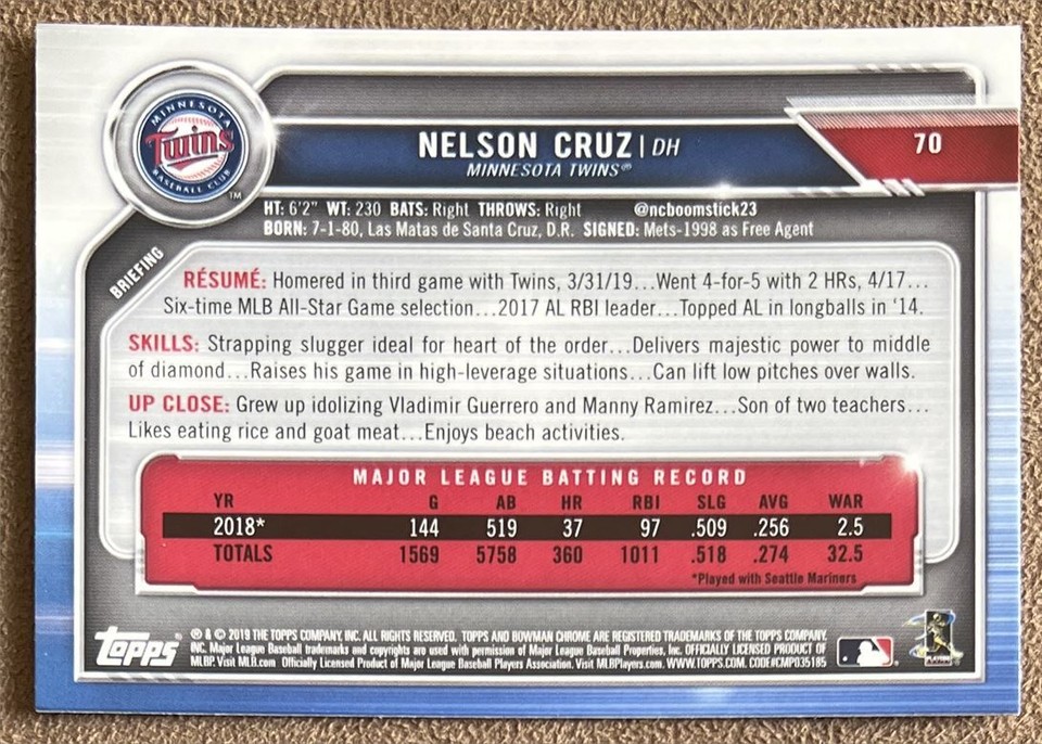2019 Bowman Chrome Nelson Cruz Minnesota Twins #70 MLB Baseball Card | eBay