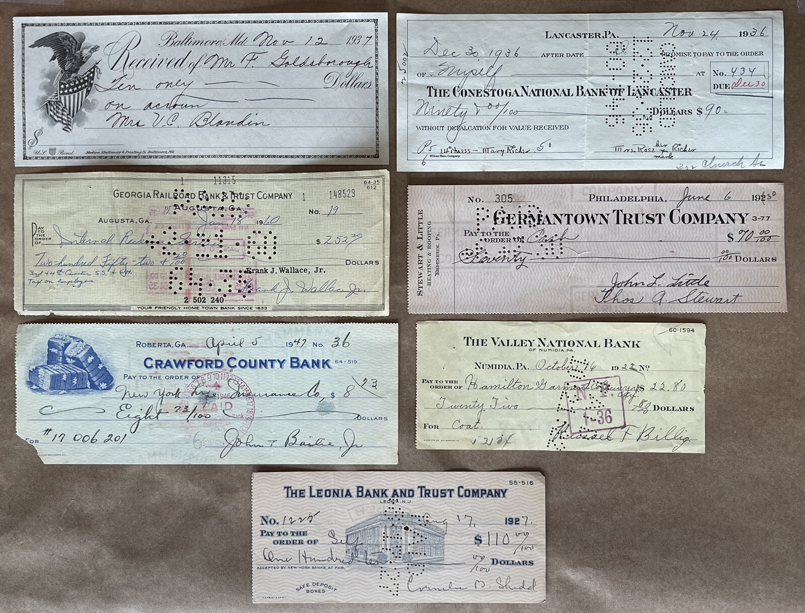 Lot of 7 Vintage Antique Ephemera Bank Canceled Checks MD GA PA NJ | eBay