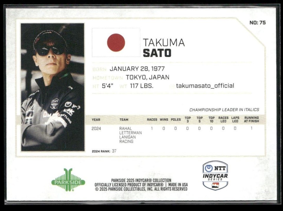 2025 Parkside IndyCar Collection #75a Takuma Sato Checkered Flag | eBay