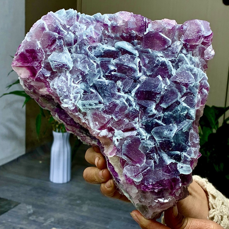 8.17LB Rare transparent purple-green cubic fluorite mineral crystal ...