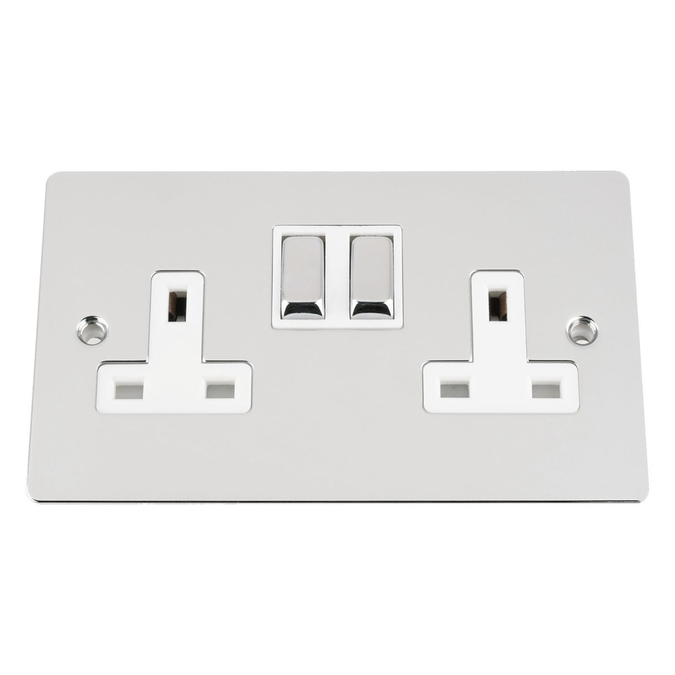 13 Amp Wall Double Plug Socket 2 Gang Polished Chrome FLAT Plate Silver ...