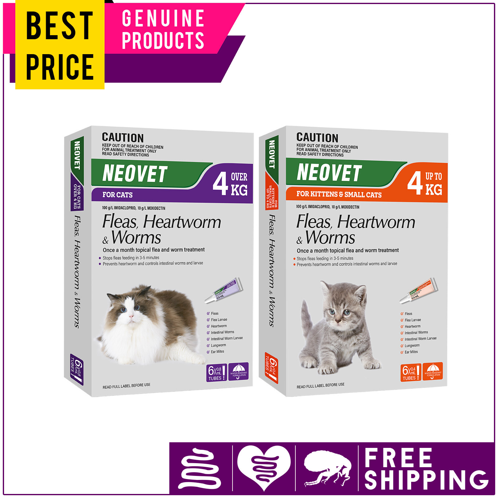 Neovet Flea Heartworm Worm Control for Cats All Sizes 6 Doses Free ...