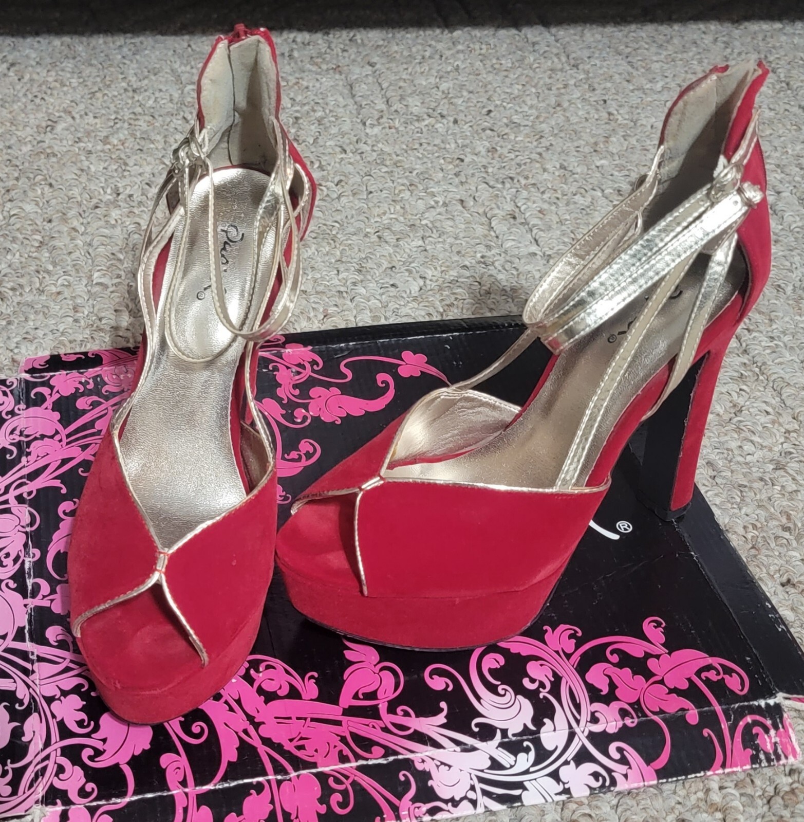 Red Velvet Suede Peep Toe 5" Platform High Heels - Gem