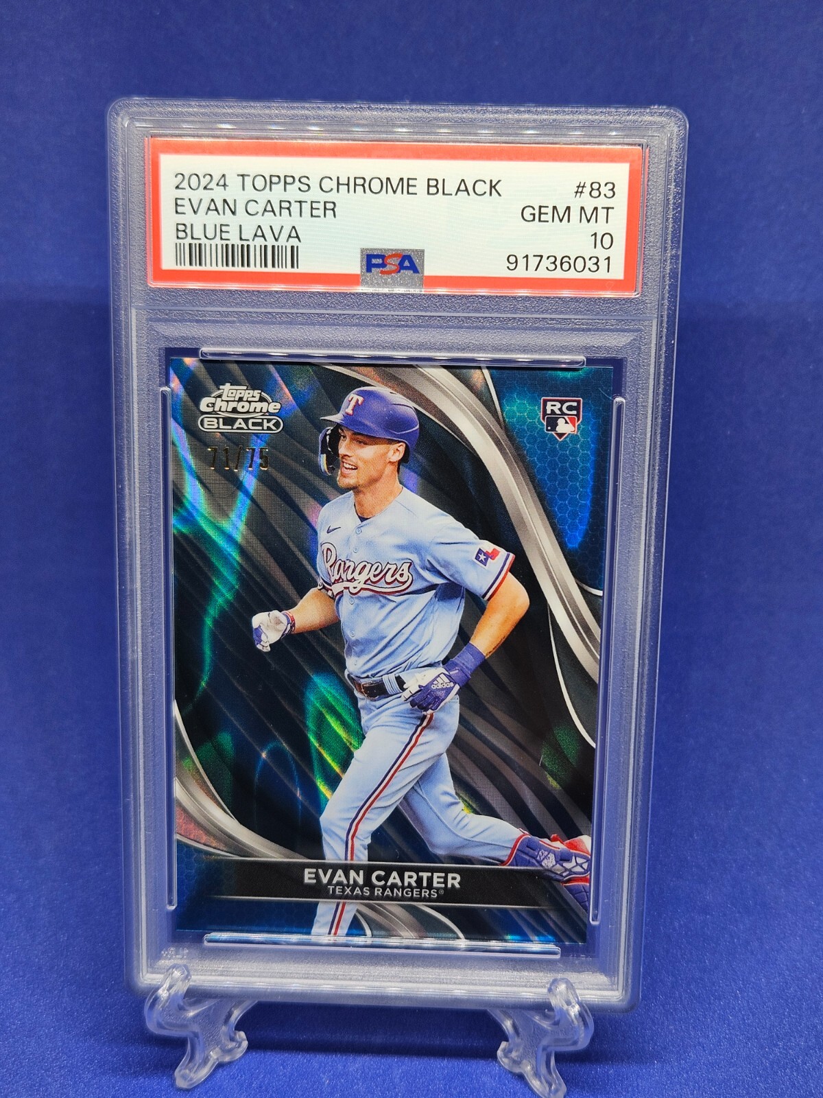 2024 Topps Chrome Black Evan Carter RC Rangers Blue Lava Refractors 71/ ...