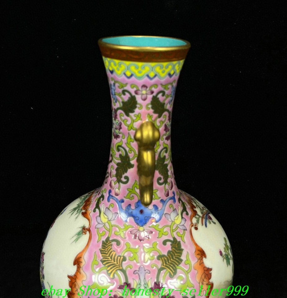9.1''Qing Dynasty Enamel Colour Porcelain Gold Flower Bird Bottle Vase ...