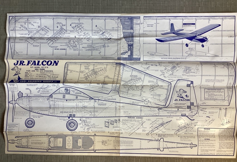 Carl Goldberg "Jr. Falcon" RC Balsa Model Plane Kit Complete In Box w ...