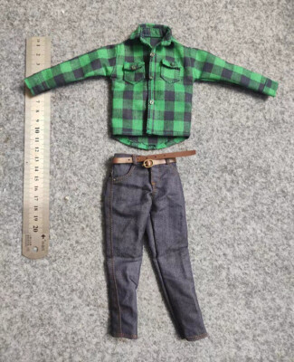 E1-07 Soldier 1/6 Scale Casual Green Plaid Shirt+Jeans Belt Suit Model ...