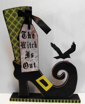 THE WITCH IS OUT Halloween standing sign WOOD green BOOT with metal ...