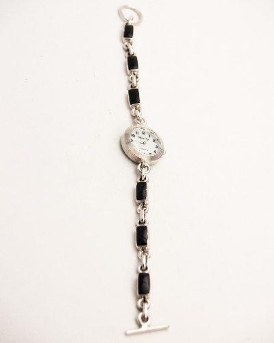 INFINITY: WOMENS STERLING SILVER 925 BLACK ENAMEL LINKS ANALOG QUARTZ ...