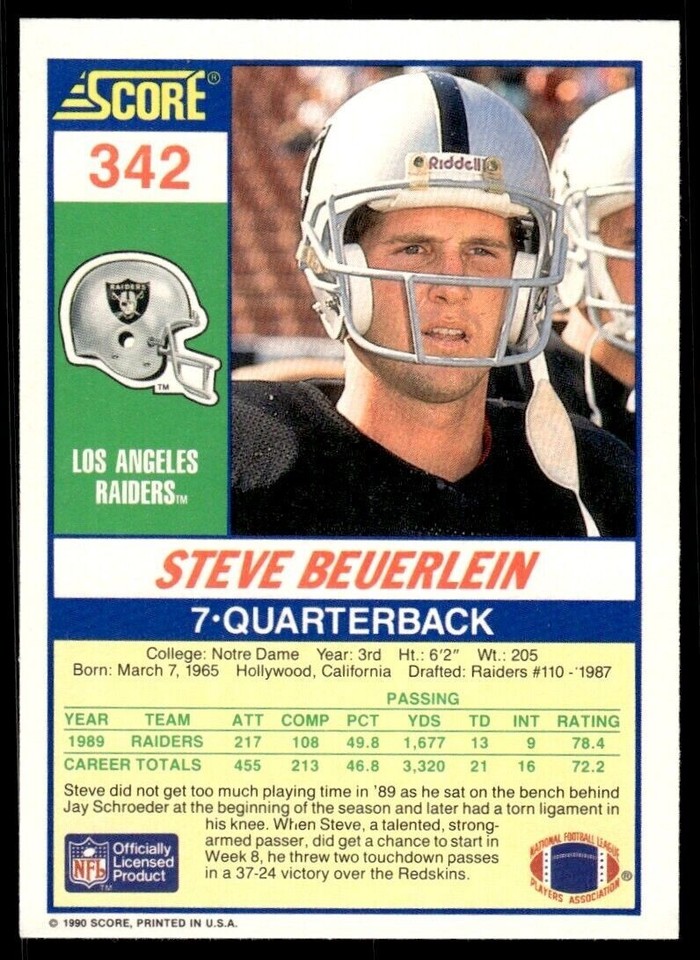 1990 SCORE NFL FOOTBALL Trading Card #342 - STEVE BEURLEIN, Los Angeles ...