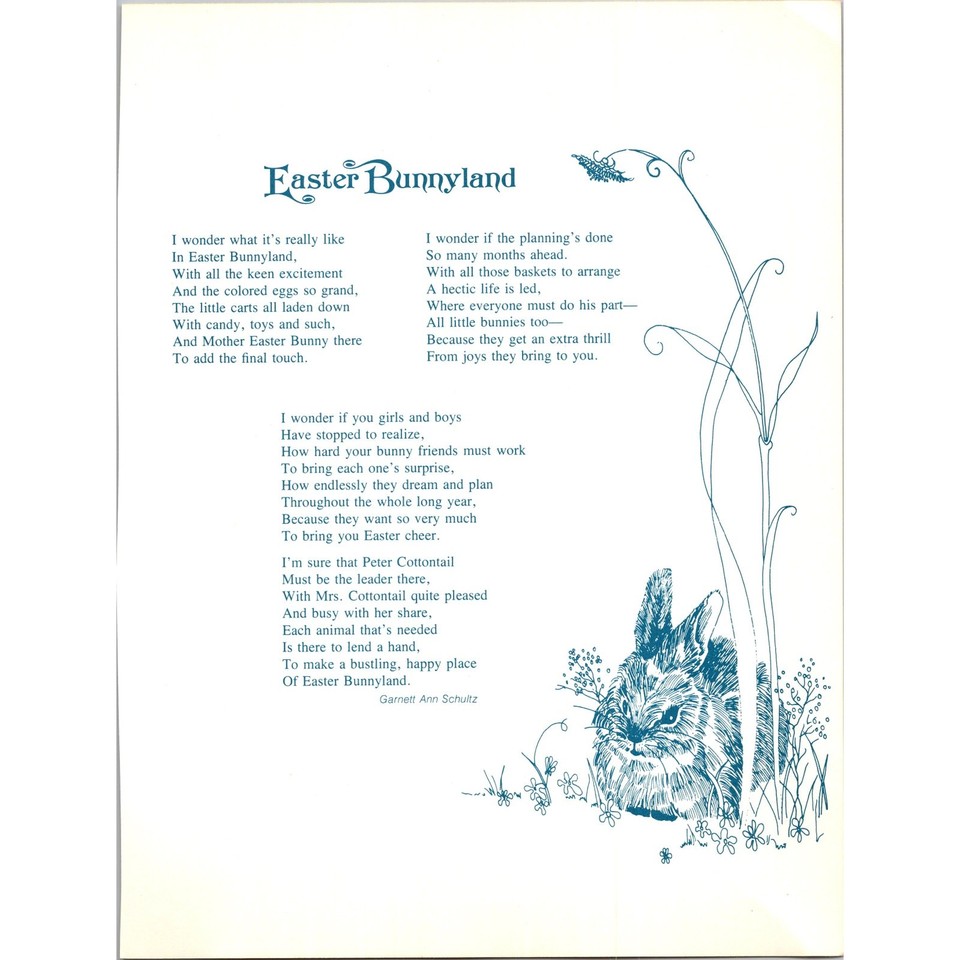Easter Bunnyland Garnett Ann Schultz 1970s Poem Retro Kitsch Wall Art ...