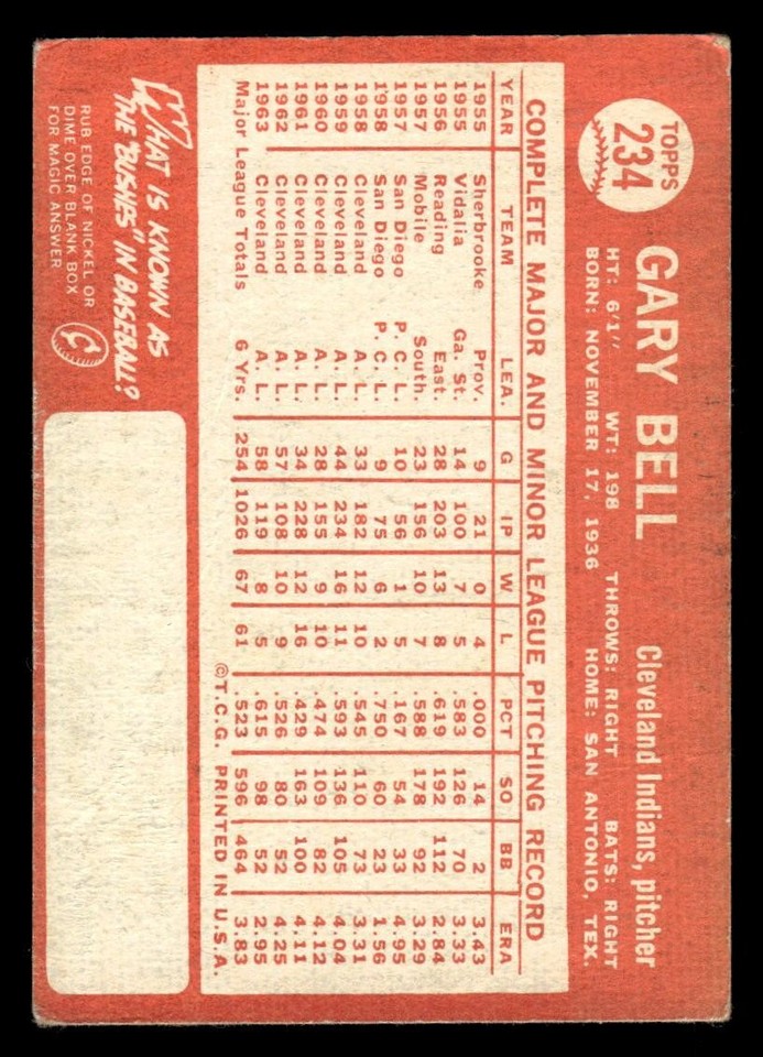 1964 TOPPS GARY BELL 234 GOOD BASEBALL CLEVELAND INDIANS | eBay