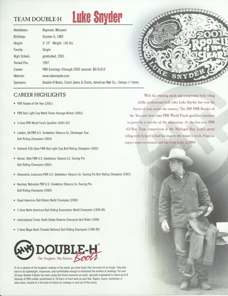 Luke Snyder PBR Professional Bull Riders Autograph 8x11 Signed Photo | eBay