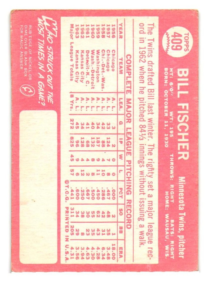 1964 Topps Baseball SEMI HIGH #409 Bill Fischer VG-EX+ Minnesota Twins ...