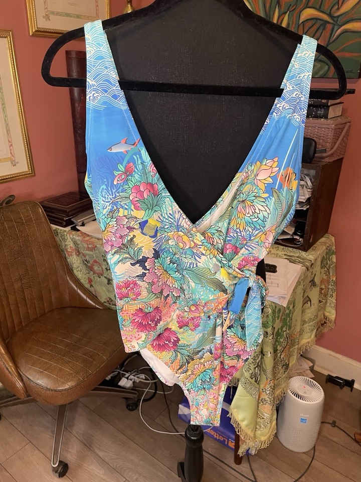 Johnny Was California One Piece Wrap Swimsuit Blue Fish Ocean Print ...