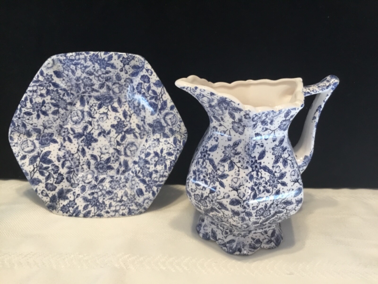 Vintage Enesco Blue White Floral Ceramic 5” Pitcher & Bowl Set (0053 ...