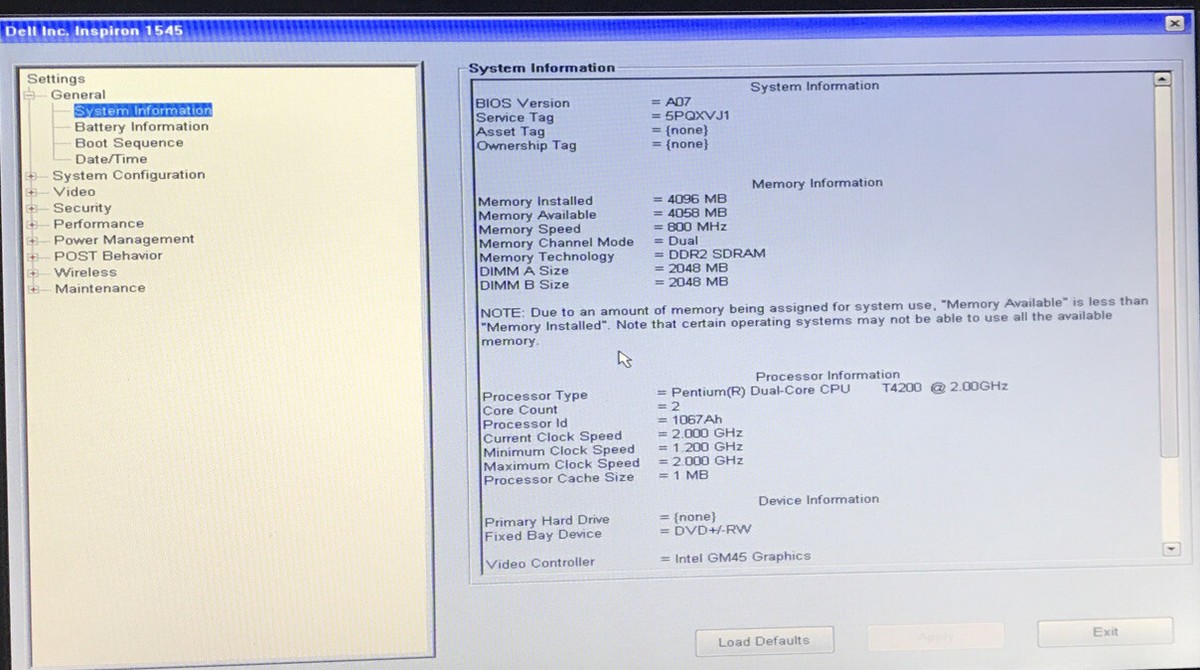 Dell Inspiron 1545 Bios
