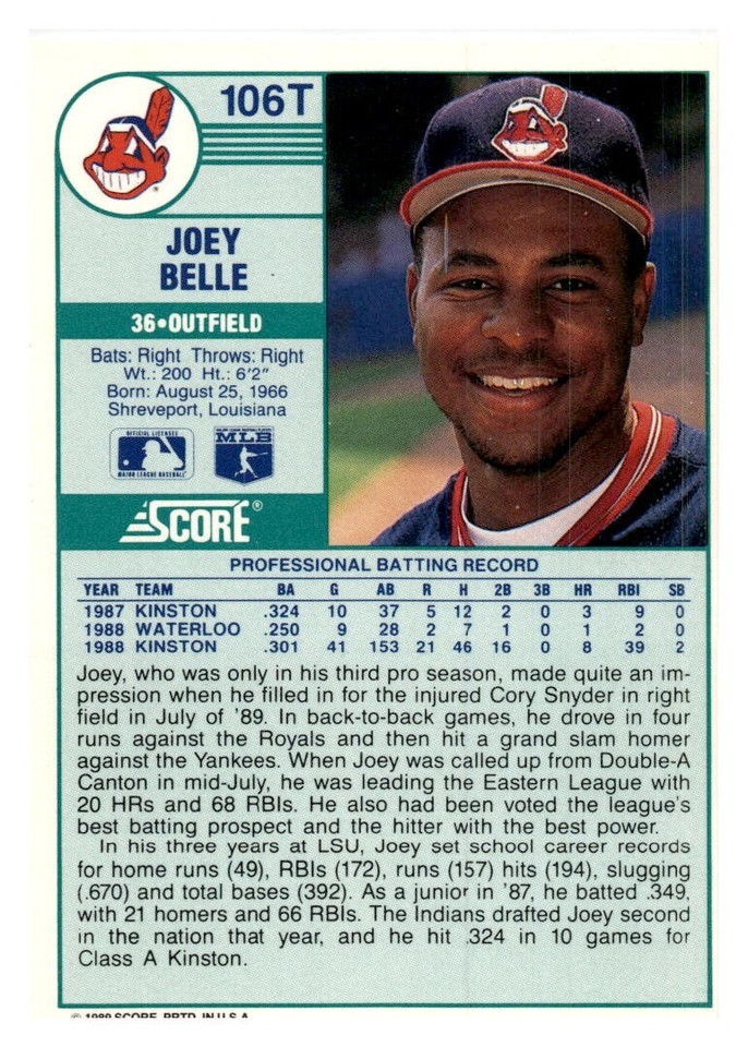 1989 Score Traded 106T Joey Belle RC - Cleveland Indians | eBay
