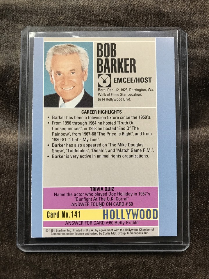 Bob Barker Autographed Starline Hollywood Collectors Trading Card ...