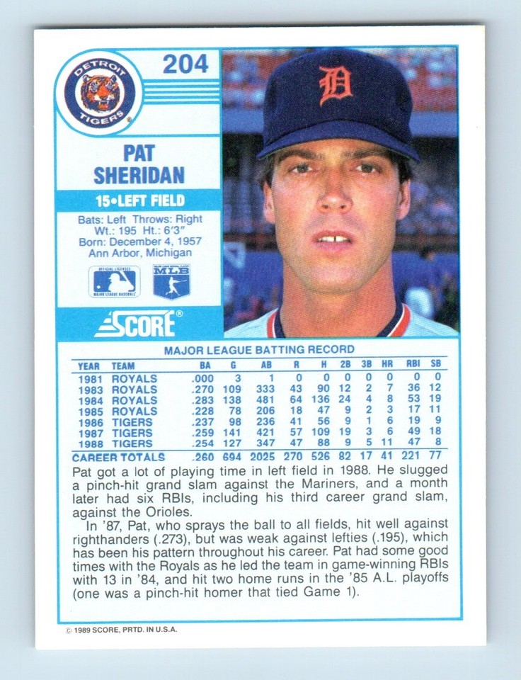 1989 Score Pat Sheridan Detroit Tigers #204 | eBay