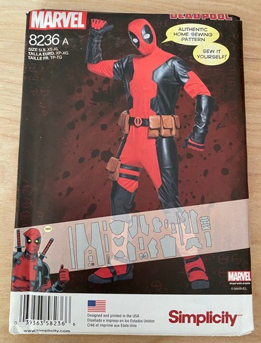 Simplicity Marvel Deadpool Pattern #8236 Men's Costume Size XS-XL UNCUT ...