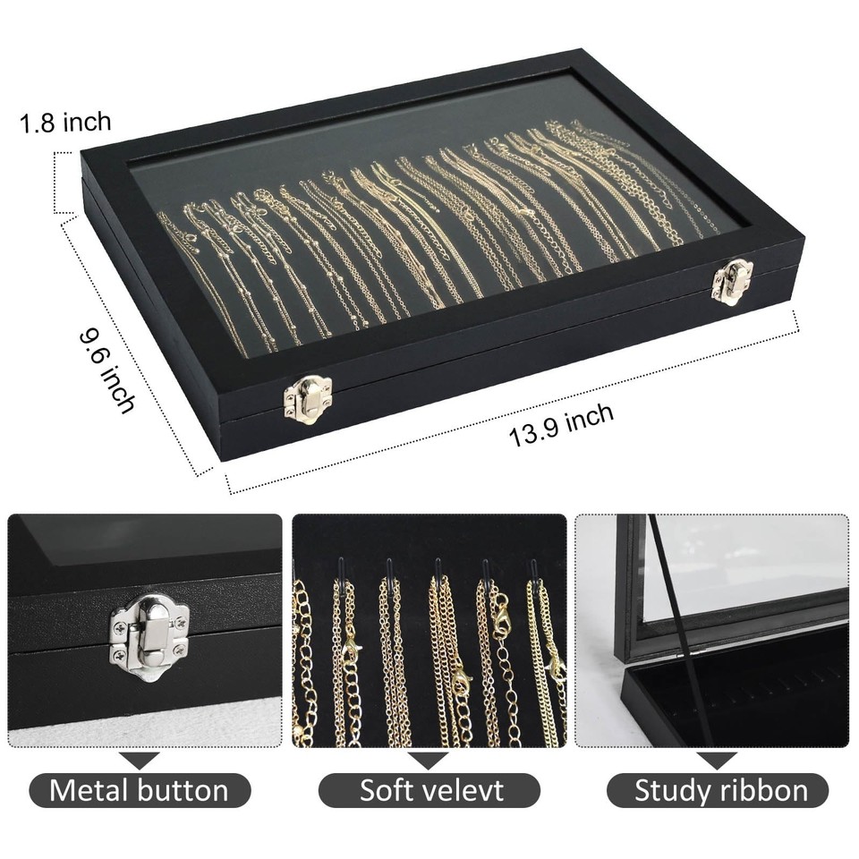 Necklace Organizer Box with Clear Lid Velvet Tray for Jewelry Storage ...