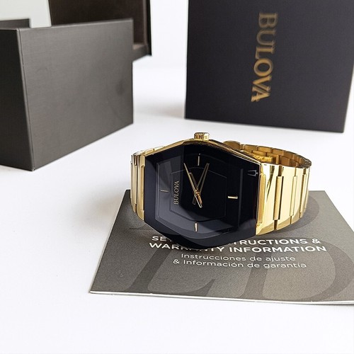 Bulova 97A164 Gemini Men Women 40mm Gold Bracelet & Black Dial Quartz ...