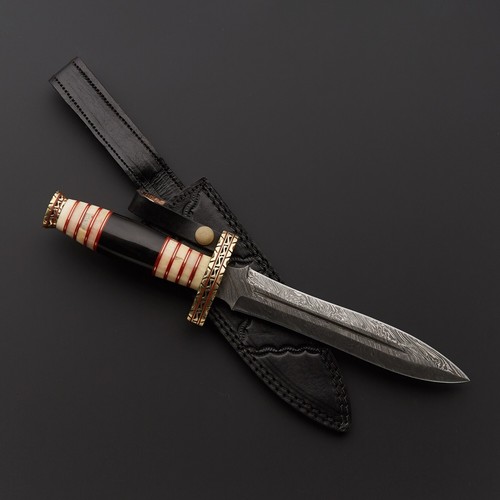 Handmade Damascus Steel Fire Pattern Dagger, Fixed Blade With Leather ...