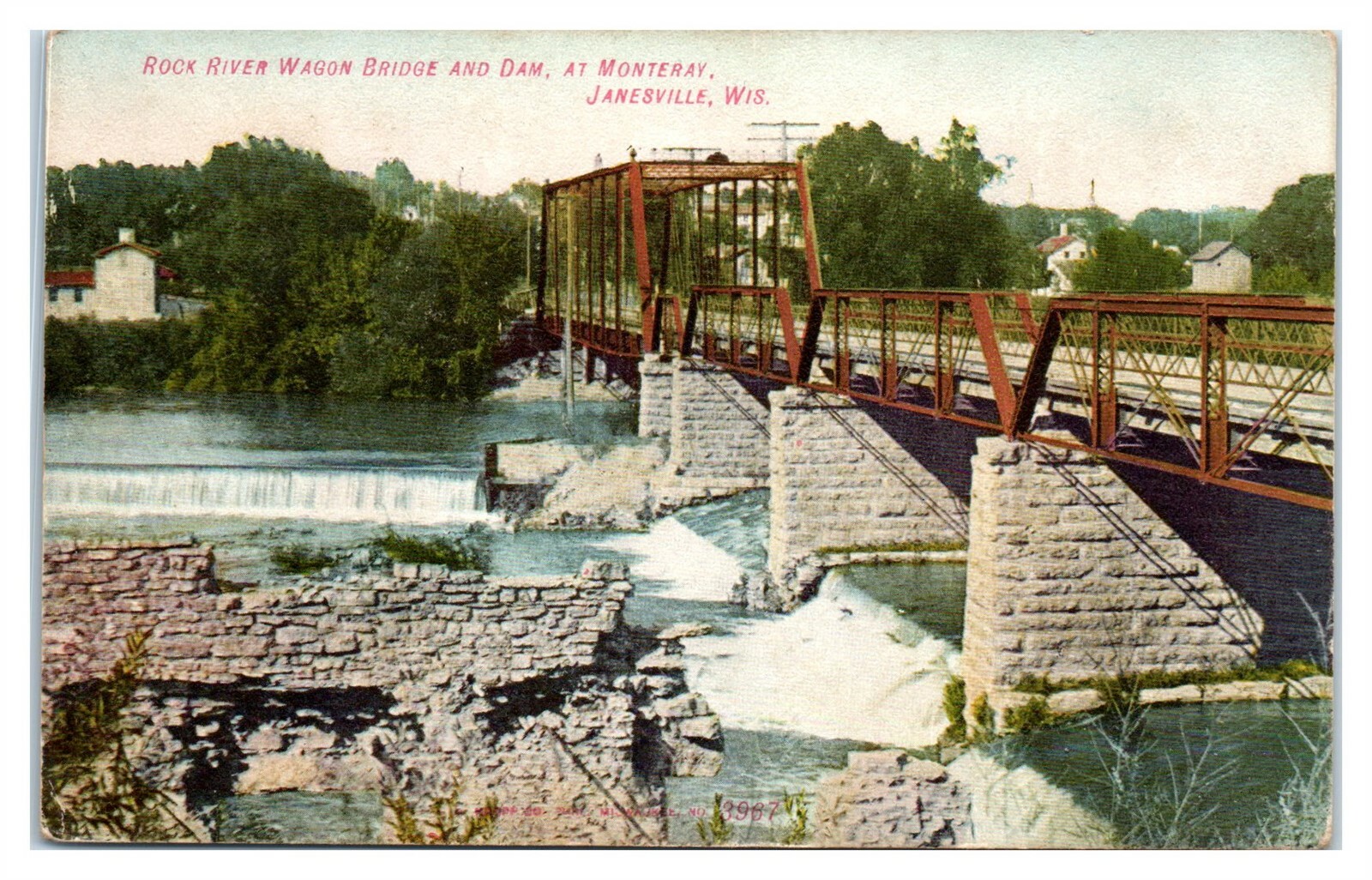 1910 Rock River Wagon Bridge and Dam, Janesville, WI Postcard *6E(3)21 ...