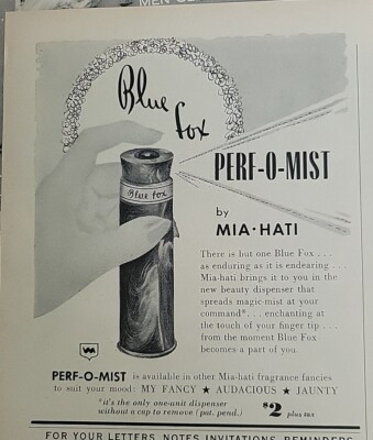 1956 Blue Fox Perf-o-mist By Mia- Hati Spray perfume bottles Vintage Ad ...