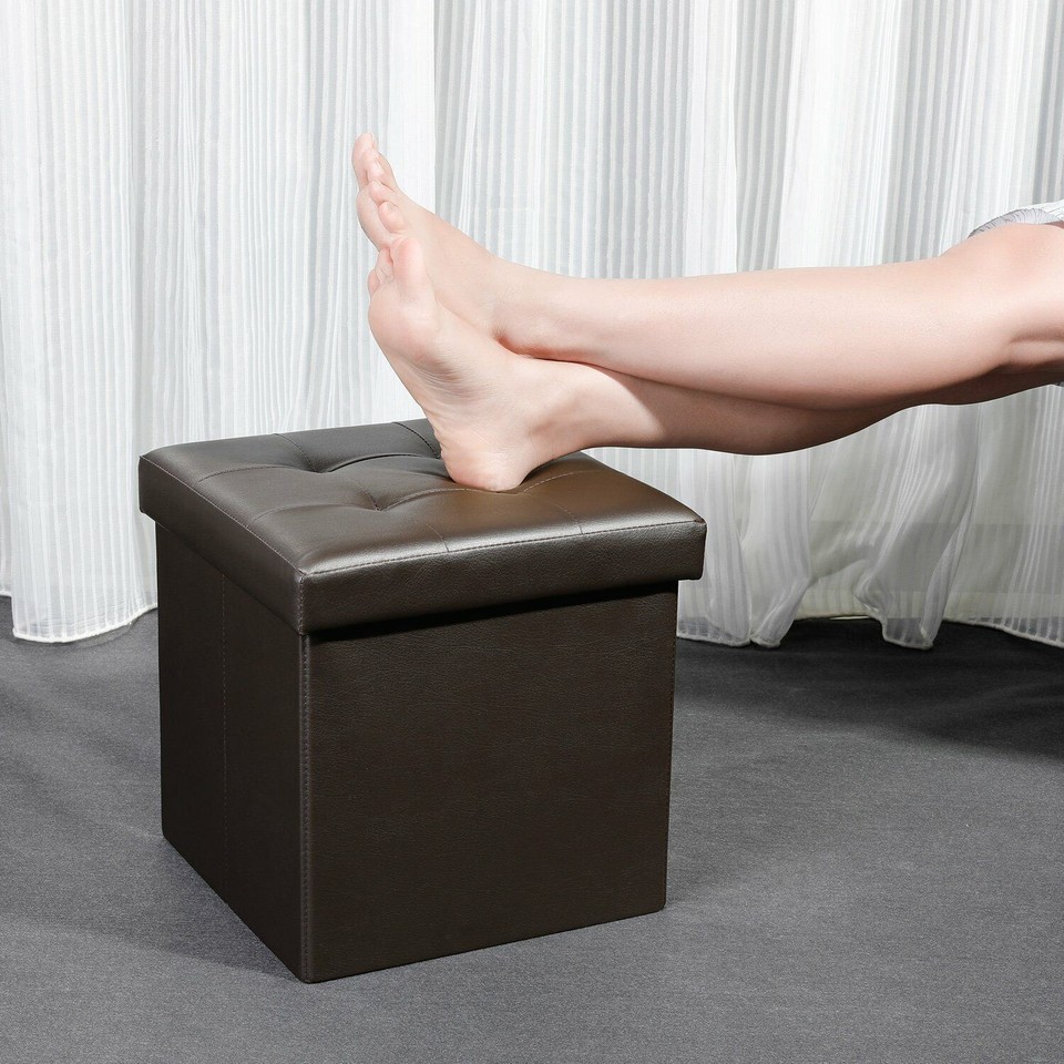LARGE FAUX LEATHER FOLDING OTTOMAN POUFFE SEAT FOOT STOOL STORAGE BOX ...