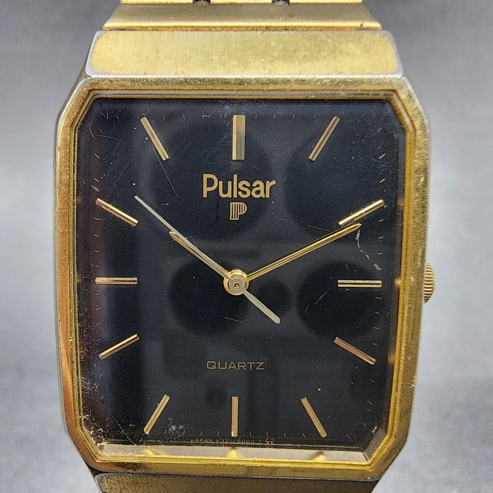 Pulsar Tank Watch Men 28mm Black Dial Gold Tone Rectangle V321-5009 New ...