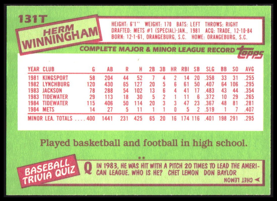 1985 Topps Traded Herm Winningham #131T Montreal Expos 5K | eBay