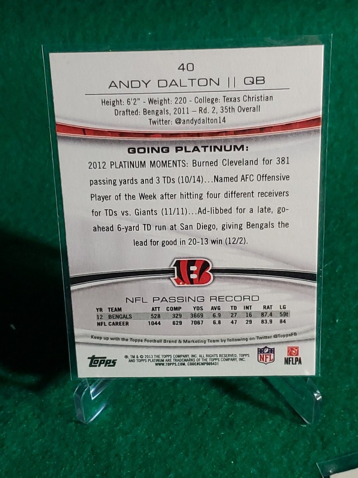 2013 Topps Platinum Andy Dalton Cincinnati Bengals #40 NFL Rainbow Foil ...